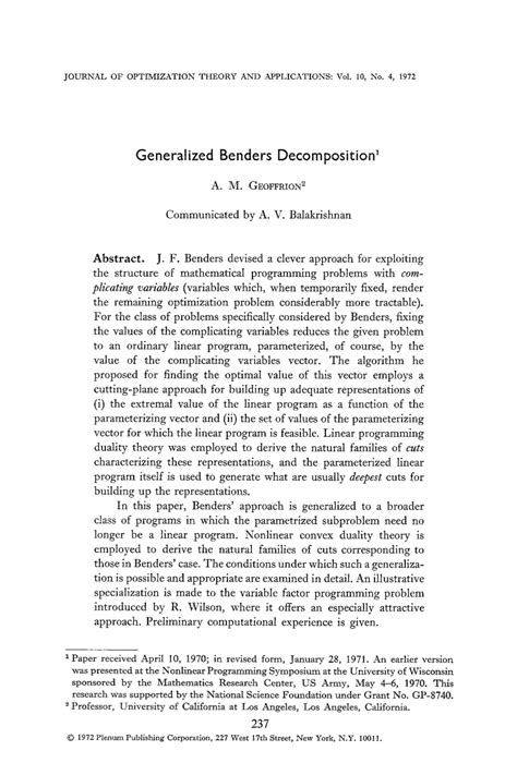 Pdf Generalized Benders Decomposition