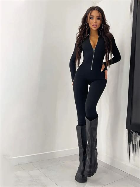 Solid Zip Long Sleeve Bodycon Nightclub Jumpsuit Sexy Long Temu