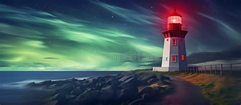Lighthouse On An Aurora Borealis Night Ai Generated Stock