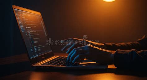 coding in the dark hands on keyboard illuminated laptop screen