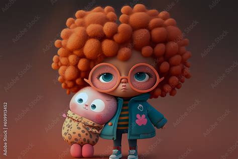 Cute Cartoon Redhead Girl With Glasses Character Generative Ai Stock