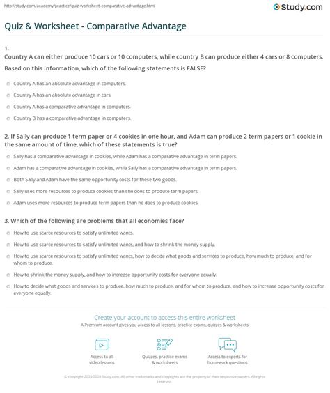Quiz And Worksheet Comparative Advantage