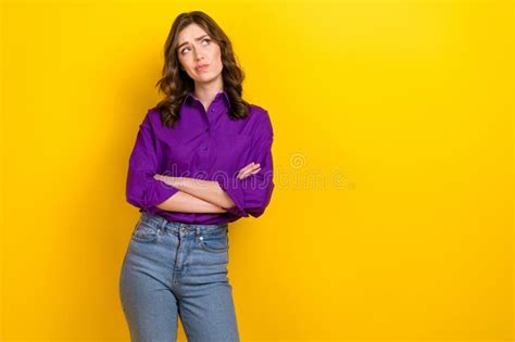 Portrait Of Minded Pensive Person Folded Arms Look Empty Space Ponder