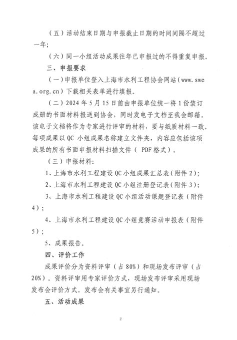 关于开展2024年度上海市水利工程建设优秀质量管理小组成果申报的通知 上海市水利工程协会