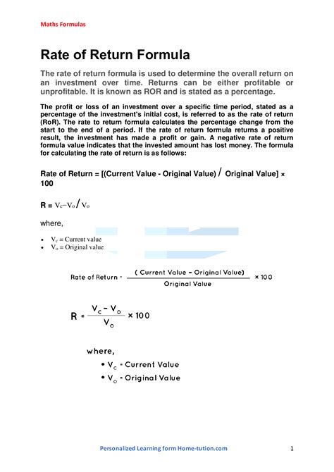 Rate Of Return Formula Detail Explanation Notes And Examples