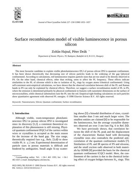 Pdf Surface Recombination Model Of Visible Luminescence In Porous Silicon Dokumentips