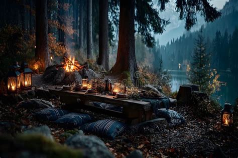 Cozy Autumn Forest Picnic By The Lakeside With Lanterns And Campfire