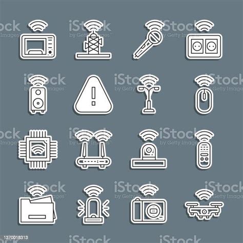 세트 라인 스마트 무인 항공기 원격 제어 무선 마우스 마이크 삼각형의 느낌표 스테레오 스피커 전자 레인지 및 가로등 아이콘 벡터 Cpu에 대한 스톡 벡터 아트 및 기타