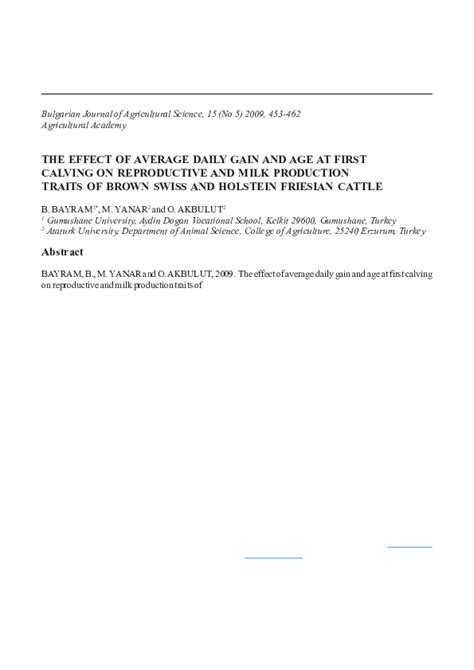 Pdf The Effect Of Average Daily Gain And Age At First Calving On