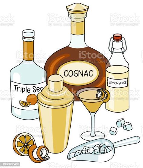 낙서 만화 사이드카 칵테일과 재료 구성 코냑과 트리플 초 주류 레몬 주스 얼음 특종 및 오렌지 병 바 메뉴 스티커 또는 알코올 요리 책 조리법 낙서 드로잉에 대한 스톡 벡터