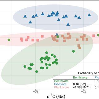 Plot of the stable isotopes δ¹³C and δ¹⁵N and probabilistic niche