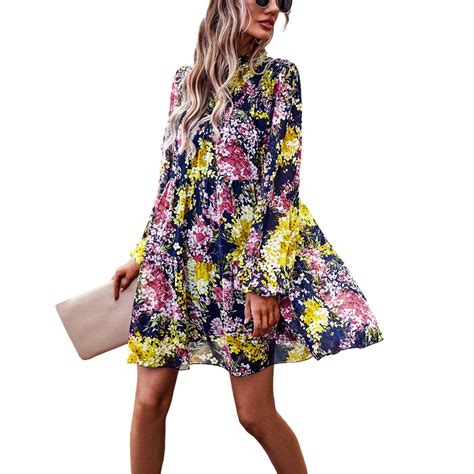 Valcatch Womens Casual Tunic Dress Floral Print Boho Dress Long Sleeve