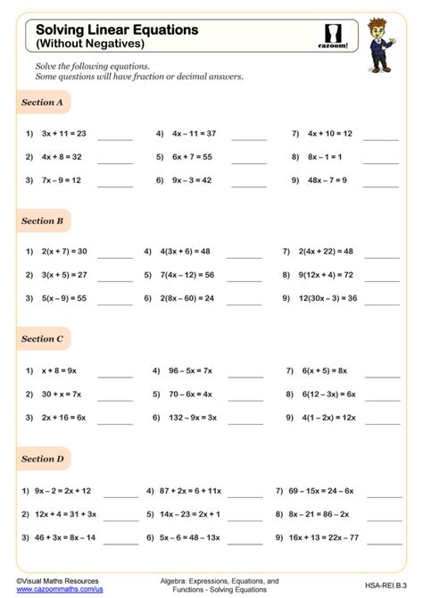 Solving Linear Equations Without Negatives Worksheet Fun And