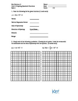 Pre Calculus Graphing Quadratics Functions Quiz With FULL SOLUTIONS