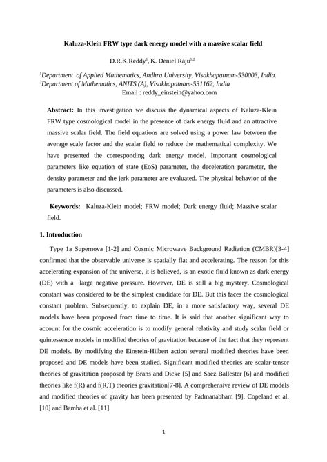 Pdf Kaluza Klein Dark Energy Model In The Presence Of Massive Scalar Field In Lyra Manifold