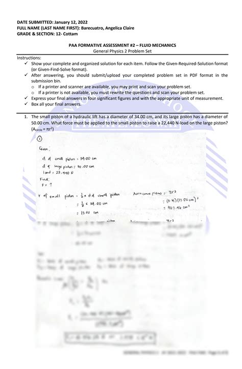 SOLUTION: Physics fluid mechanics worksheet - Studypool