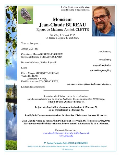 Décès De Monsieur Jean Claude Bureau 13 08 24 Annonce Nécrologique