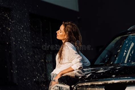 Girl Smiling While Washing Wet Car With Foam Stock Image Image Of