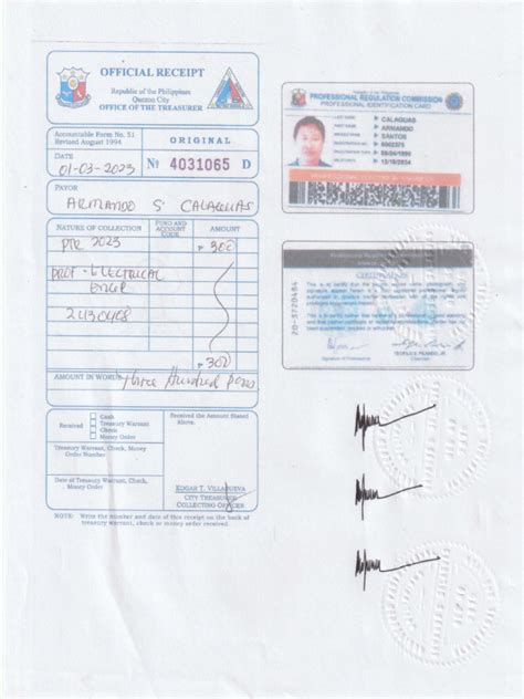 Photocopy Of Valid Prc Id And Current Ptr Of Professional W 3 Specimen