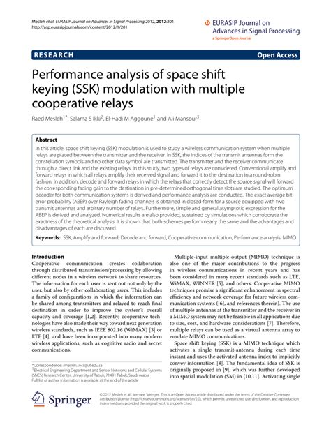 Pdf Performance Analysis Of Space Shift Keying Ssk Modulation With Multiple Cooperative Relays