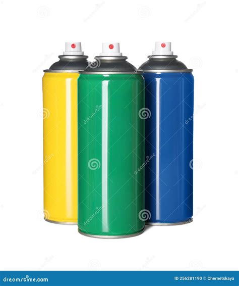 Latas Coloridas De Pinturas De Aerosol Sobre Fondo Blanco Foto De Archivo Imagen De