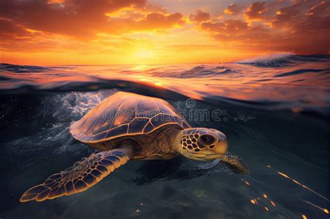 Sea Turtle Serenity Swimming At Sunset Ai Generated Stock