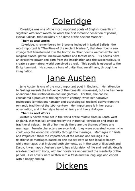 Riassunto Delle Tematiche Di Jane Austen Coleridge E Dickens Docsity