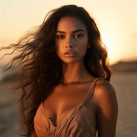 A Woman With Long Brown Hair Standing On The Beach At Sundown Looking