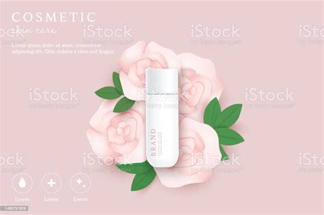 화장품 및 스킨 케어 제품 광고 템플릿은 꽃과 나뭇잎이 있는 분홍색 배경에 있습니다 3차원 형태에 대한 스톡 벡터 아트 및 기타 이미지 3차원 형태 강단 공란