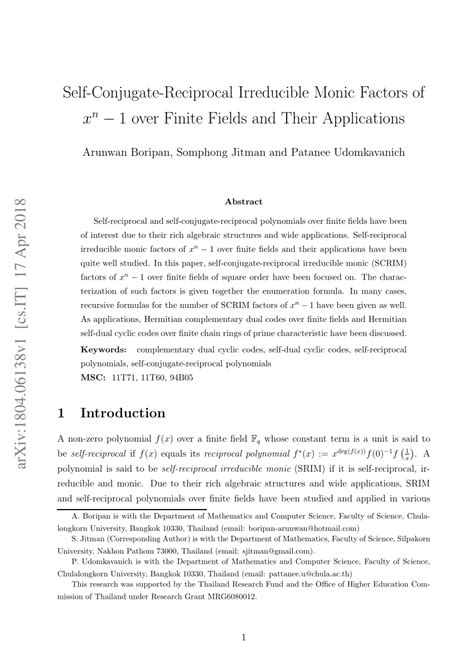 Pdf Self Conjugate Reciprocal Irreducible Monic Factors Of Xn 1 Over Finite Fields And