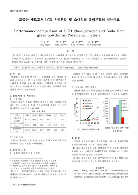 포졸란 재료로서 Lcd 유리분말 및 소다석회 유리분말의 성능비교 Koreascholar