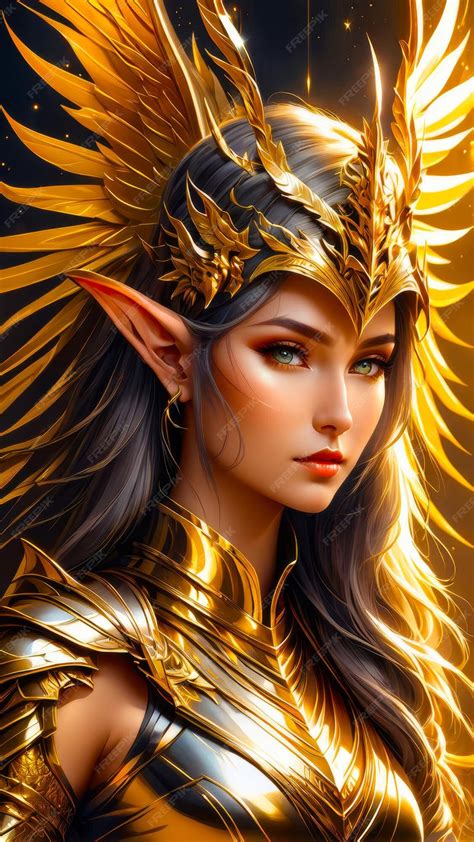 Royal Elf Warrior Princess With Golden Armor And Electrography Dragon