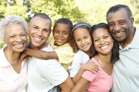 Família Afro Americano Da Multi Geração Que Relaxa No Parque Imagem De