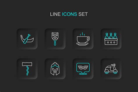 세트 라인 스쿠터 카니발 마스크 로마 군대 헬멧 와인 코르크 마개 와인 병 커피 컵 곤돌라 보트 아이콘 벡터 검투사에 대한 스톡