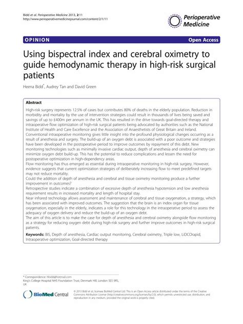 Pdf Using Bispectral Index And Cerebral Oximetry To Guide Hemodynamic