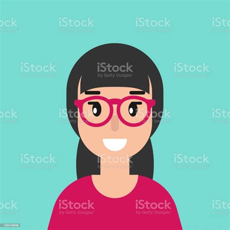미소 짓는 소녀 아바타 검은 머리를 가진 귀여운 미소 여자입니다 파란색 배경에 플랫 아이콘이 있습니다 고객에 대한 스톡 벡터