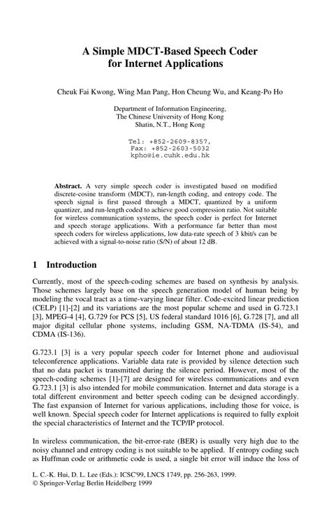 Pdf A Simple Mdct Based Speech Coder For Internet Applications