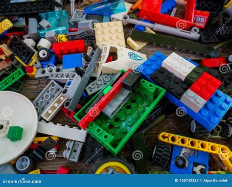 Variety Of Lego Building Bricks On Wood Table Editorial Photo