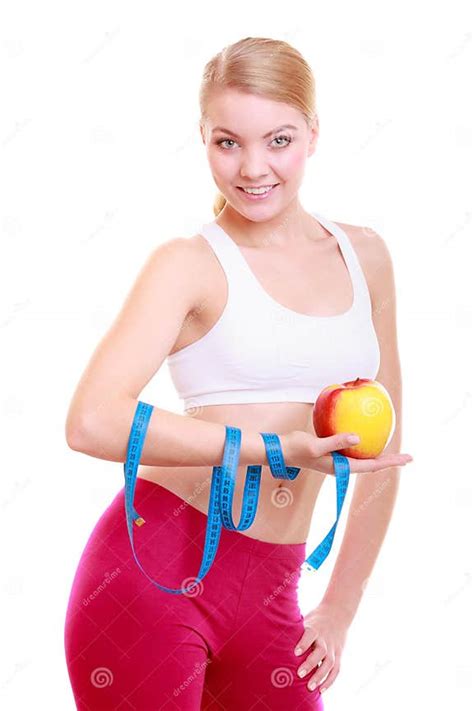 Diet Fitness Woman Fit Girl With Measure Tape And Apple Fruit Stock