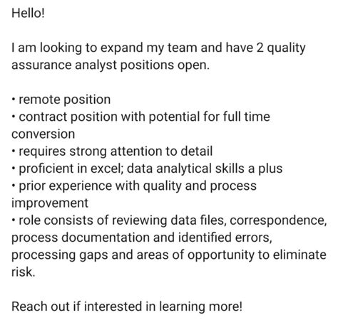 Priscilla Brown On Linkedin Quality Analyst Position Available To The