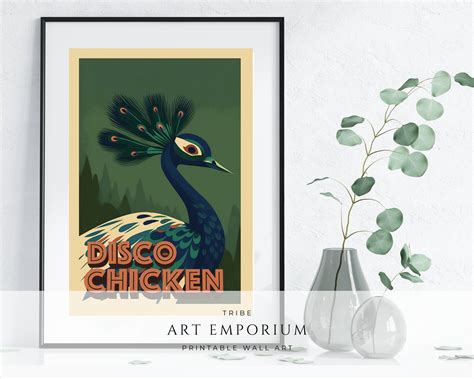 Peacock Print Vintage Peacock Poster Art Illustration Disco Chicken