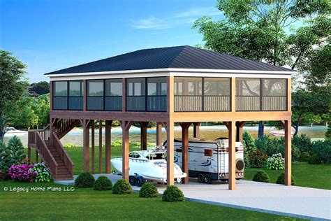 RV Carport With Massive Screened Deck Above 68998VR Architectural