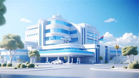 вид спереди госпиталя на заднем плане с отрисовкой скорой помощи3d Иллюстрация штока