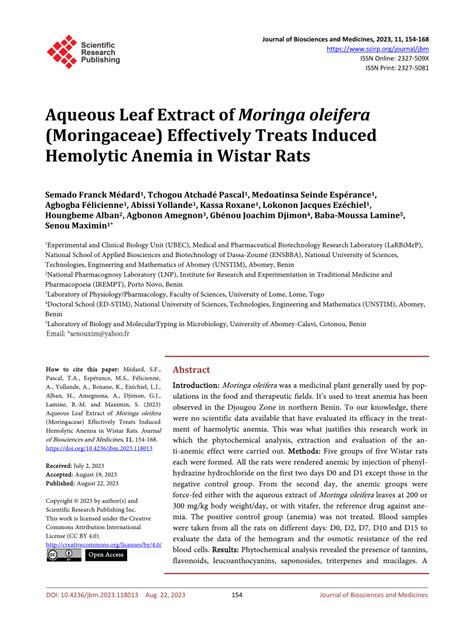 Pdf Aqueous Leaf Extract Of Moringa Oleifera Moringaceae Effectively Treats Induced