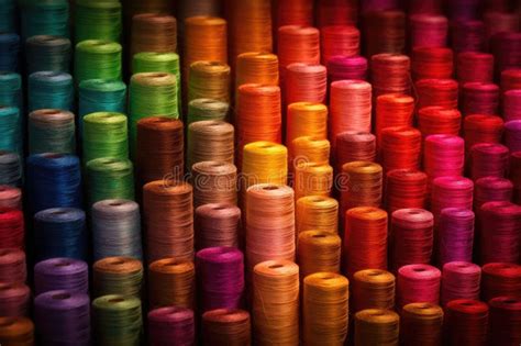 Colorful Spectrum Of Yarn Or Thread Spools Stacked Together Stock