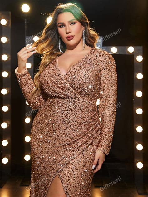 Fniseti Plus Surplice Neck Wrap Sequin Prom Dress Shein Uk