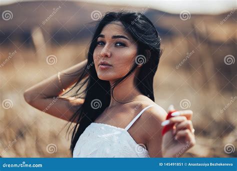 Close Up Portrait Of Young Brunette Girl In Nature Kazakh Young Woman