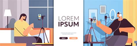 여성 팟 캐스터와 남자 블로거 녹화 비디오 블로그 팟 캐스트 라이브 스트리밍 블로깅 개념 Brand Name Smart Phone에 대한 스톡 벡터 아트 및 기타 이미지