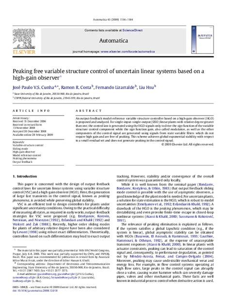 Pdf Peaking Free Variable Structure Control Of Uncertain Linear