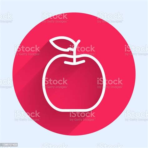 Beyaz Çizgi Apple Simgesi Uzun Gölge Ile Izole Yaprak Sembolü Olan Meyve Kırmızı Daire Düğmesi